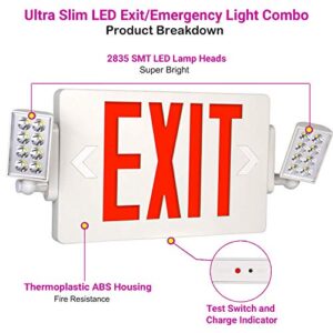 Ultra Slim Red Combo Exit Sign with Emergency Lights,120-277V Double Face LED Combo Emergency Light with Adjustable Two Head and Backup Battery Commercial Grade, UL Certified, 5 Years Warranty- 2 Pack