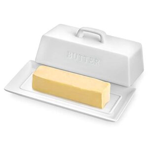 prioritychef ceramic butter dish with lid for countertop, butter keeper for counter or fridge, covered butter tray holder for butter storage, holds 1 stick, white