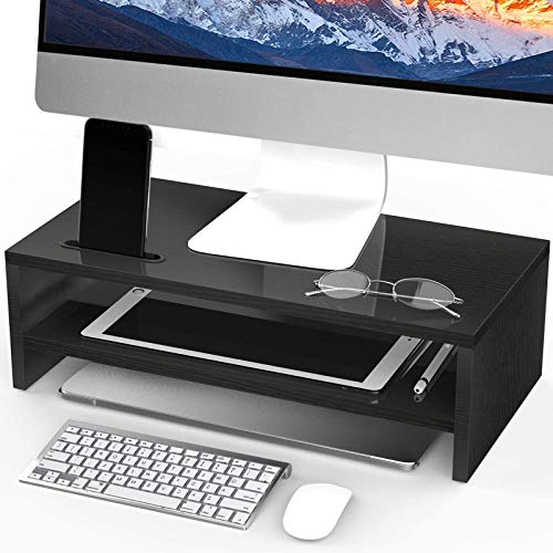 AMERIERGO Monitor Stand Riser, 2-Tier Wood Computer Stand, Ergonomic Monitor Riser Desk Organizer with Storage and Cable Management, Versatile as Storage Shelf & Screen Holder, for Laptop Printer PC