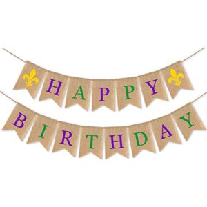 SWYOUN Burlap Happy Birthday Banner Mardi Gras Birthday Party Bunting Garland Supplies