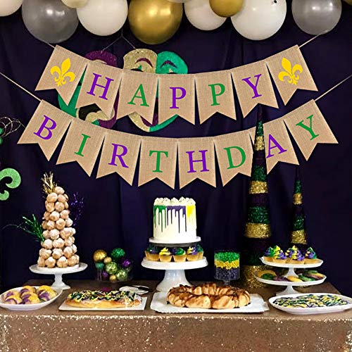 SWYOUN Burlap Happy Birthday Banner Mardi Gras Birthday Party Bunting Garland Supplies