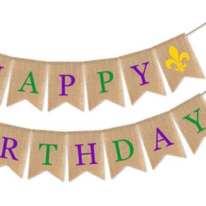 SWYOUN Burlap Happy Birthday Banner Mardi Gras Birthday Party Bunting Garland Supplies