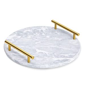 Round Marble Tray for Vanity with Handles, Geode Tray, Elegant White Marble and Gold Serving Board for Kitchen, Home Decor, Centerpiece Display (10.7x10.7x0.4 in)