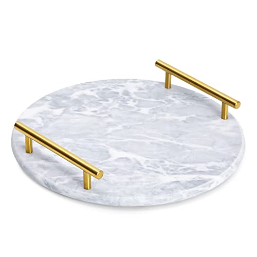 Round Marble Tray for Vanity with Handles, Geode Tray, Elegant White Marble and Gold Serving Board for Kitchen, Home Decor, Centerpiece Display (10.7x10.7x0.4 in)