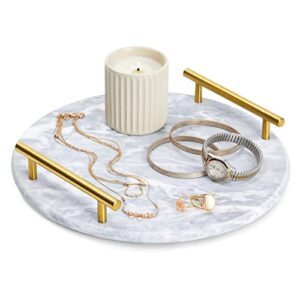 round marble tray for vanity with handles, geode tray, elegant white marble and gold serving board for kitchen, home decor, centerpiece display (10.7x10.7x0.4 in)