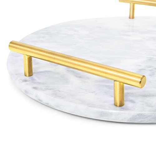 Round Marble Tray for Vanity with Handles, Geode Tray, Elegant White Marble and Gold Serving Board for Kitchen, Home Decor, Centerpiece Display (10.7x10.7x0.4 in)