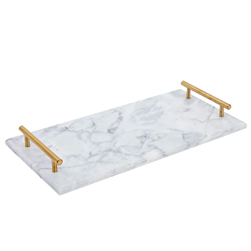 Marble Serving Tray with Gold Handles for Coffee Table, Kitchen (Rectangle, 15x7.5 in)