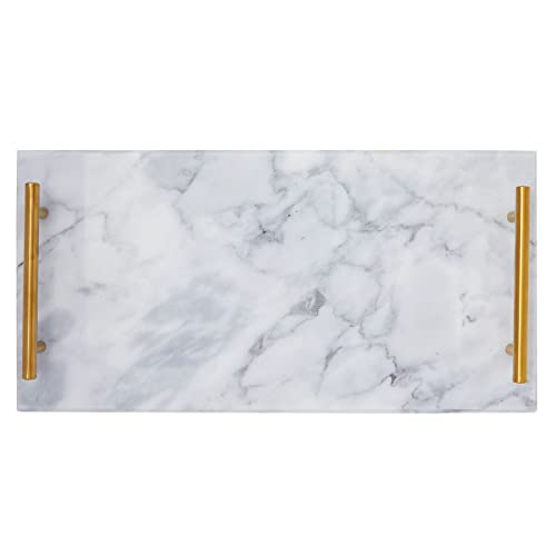 Marble Serving Tray with Gold Handles for Coffee Table, Kitchen (Rectangle, 15x7.5 in)