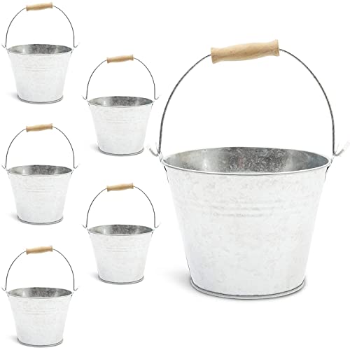 Six Galvanized Metal Buckets with Wooden Handles for Parties, Home Projects, and More (4.5 in; not to be Used as Water Buckets)