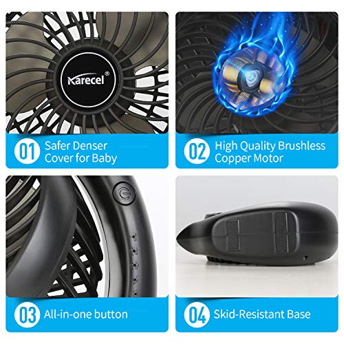 KARECEL Battery Operated Fan, Rechargeable Fan 3 Speeds Small Desk Portable Fan, Long Life Battery & USB Powered Mini Fan, Personal Quiet Strong Wind Desktop Fan for Travel Camping Office Home (Black)