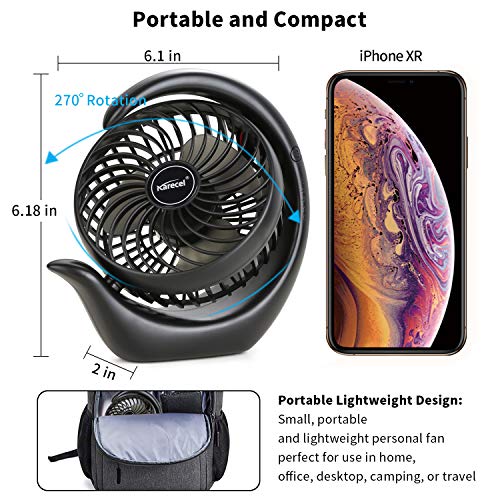 KARECEL Battery Operated Fan, Rechargeable Fan 3 Speeds Small Desk Portable Fan, Long Life Battery & USB Powered Mini Fan, Personal Quiet Strong Wind Desktop Fan for Travel Camping Office Home (Black)