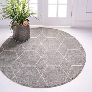 unique loom trellis frieze collection area rug - geometric (5' 1" round, light gray/ ivory)