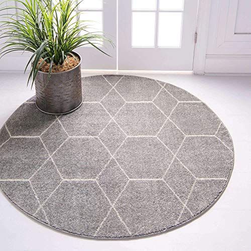 Unique Loom Trellis Frieze Collection Area Rug - Geometric (5' 1" Round, Light Gray/ Ivory)