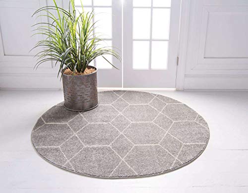 Unique Loom Trellis Frieze Collection Area Rug - Geometric (5' 1" Round, Light Gray/ Ivory)