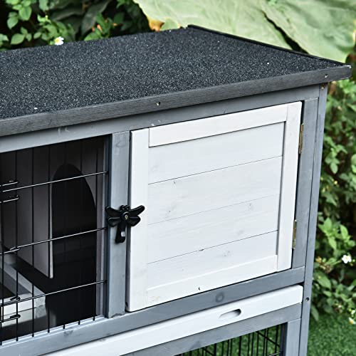 PawHut 43" L Wooden Rabbit Hutch Bunny Cage Small Animal House Enclosure with Ramp, Removable Tray and Weatherproof Roof for Outdoor, Grey