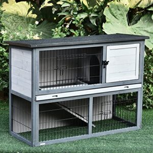 PawHut 43" L Wooden Rabbit Hutch Bunny Cage Small Animal House Enclosure with Ramp, Removable Tray and Weatherproof Roof for Outdoor, Grey