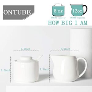 ONTUBE Porcelain Sugar and Creamer Set of 3,Cream Pitcher, Spoon, Sugar Bowl with Lid,Cream (White)