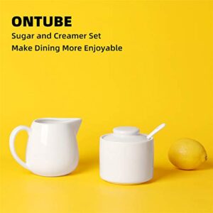 ONTUBE Porcelain Sugar and Creamer Set of 3,Cream Pitcher, Spoon, Sugar Bowl with Lid,Cream (White)