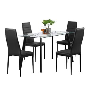 110cm dining table set 5pcs modern white tempered glass dining set with 4pcs pvc leather chairs transparent & creamy (black)