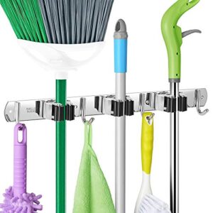 imillet broom and mop holder wall mounted, stainless steel broom holder mop holder self adhesive heavy duty hooks storage organizer for home laundry room garden garage（3 racks with 4 hooks）