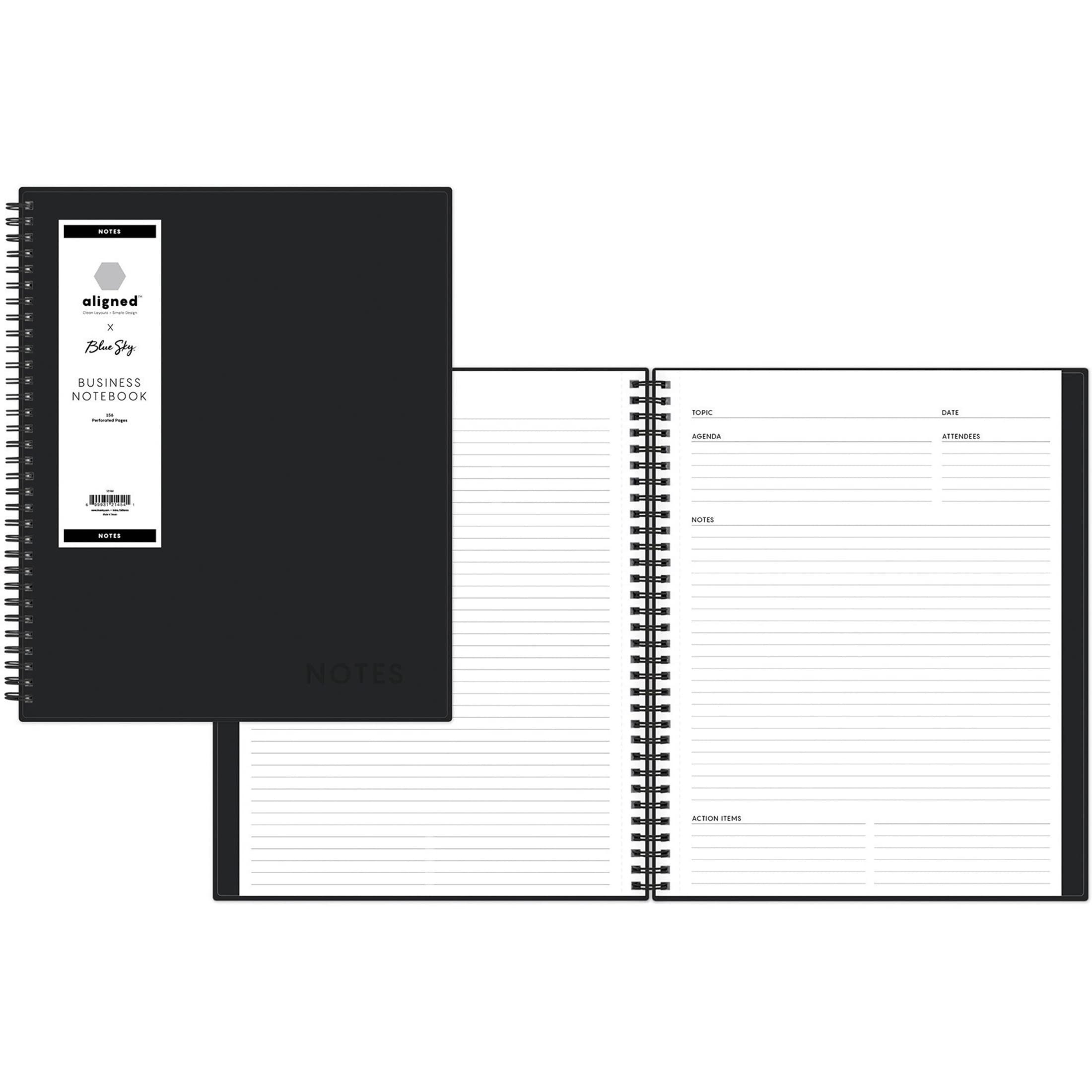 Blue Sky Aligned Notes Professional Business Notebook, Flexible Cover, Twin-Wire Binding, Perforated Pages, 8.5" x 11", Black