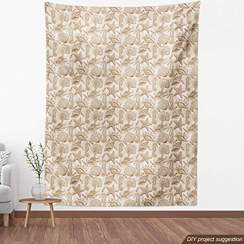 Lunarable Beige Fabric by The Yard, Retro Nautical Underwater Themed Print with Seashell Shellfish Seahorse Elements, Decorative Fabric for Upholstery and Home Accents, 3 Yards, Beige Brown