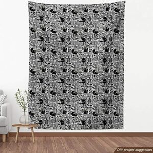 Lunarable Cat Fabric by The Yard, Feline Domestic Animals with Blossoming Monochrome Flowers and Leaves Kitten, Decorative Fabric for Upholstery and Home Accents, 1 Yard, White Black