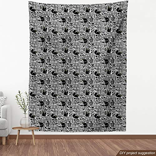 Lunarable Cat Fabric by The Yard, Feline Domestic Animals with Blossoming Monochrome Flowers and Leaves Kitten, Decorative Fabric for Upholstery and Home Accents, 1 Yard, White Black