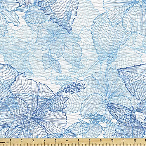 Lunarable Blue and White Fabric by The Yard, Hibiscus Flowers Tropical Foliage Hand Drawn Monotone Design, Decorative Fabric for Upholstery and Home Accents, 1 Yard, Blue White