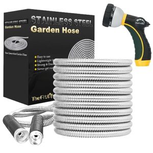 thefitlife flexible metal garden hose - upgrade leak and fray resistant design, stainless steel water hose with solid fittings and sprayer nozzle, lightweight kink free durable easy storage (50 ft)