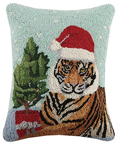 Peking Handicraft 31SCH116C18OB Tiger with Santa Hat Hook Pillow, 18-inch Long, Wool and Cotton