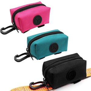 slosn 3 pack pet waste bag dispenser dog poop bag holder with zippered portable dog poop bag holder with hook for leash,great accessory for walking, running with dog (rosered green black)