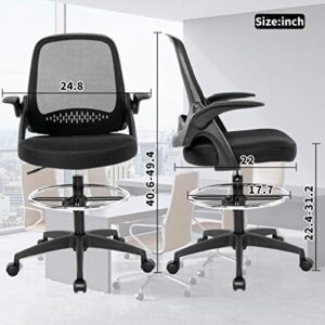 Ergonomic Mid Back Drafting Chair Mesh Computer Desk Tall Office Chair with Lumbar Support & Foot Ring Height Adjustable Rolling Swivel Drafting Stool Task Work Executive Chair for Standing Desk