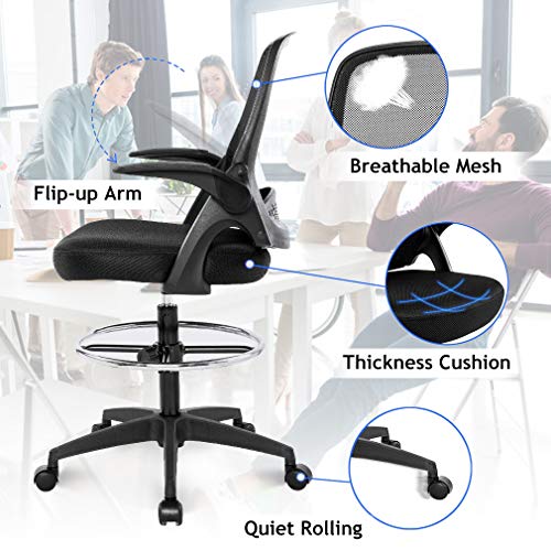 Ergonomic Mid Back Drafting Chair Mesh Computer Desk Tall Office Chair with Lumbar Support & Foot Ring Height Adjustable Rolling Swivel Drafting Stool Task Work Executive Chair for Standing Desk