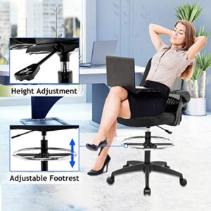 Ergonomic Mid Back Drafting Chair Mesh Computer Desk Tall Office Chair with Lumbar Support & Foot Ring Height Adjustable Rolling Swivel Drafting Stool Task Work Executive Chair for Standing Desk