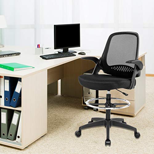 Ergonomic Mid Back Drafting Chair Mesh Computer Desk Tall Office Chair with Lumbar Support & Foot Ring Height Adjustable Rolling Swivel Drafting Stool Task Work Executive Chair for Standing Desk