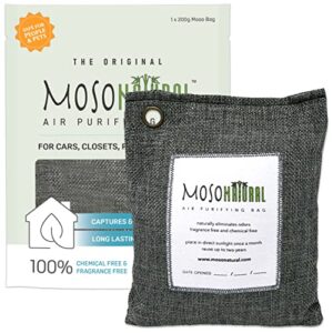 moso natural air purifying bag 200g. a scent free odor eliminator for cars, closets, bathrooms, pet areas. premium moso bamboo charcoal odor absorber. two year lifespan! (charcoal grey)