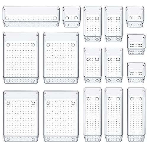 SMARTAKE 16-Piece Drawer Organizers, 4 Sizes Desk Dividers with Non-Slip Pads, Plastic Dresser Storage Tray Sets, Cosmetic Makeup Jewelries Trays, for Kitchen, Office, Home, Bathroom (Clear)