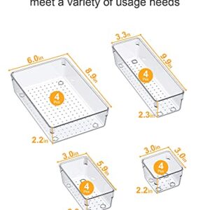 SMARTAKE 16-Piece Drawer Organizers, 4 Sizes Desk Dividers with Non-Slip Pads, Plastic Dresser Storage Tray Sets, Cosmetic Makeup Jewelries Trays, for Kitchen, Office, Home, Bathroom (Clear)