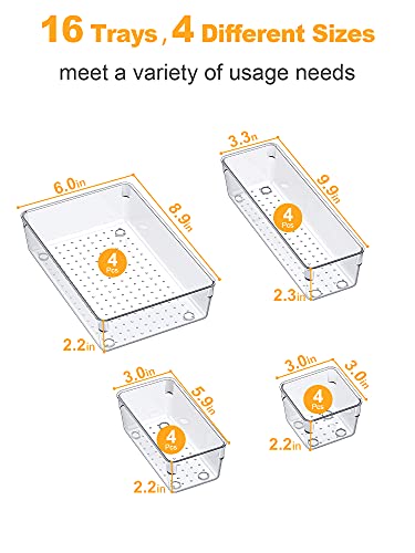 SMARTAKE 16-Piece Drawer Organizers, 4 Sizes Desk Dividers with Non-Slip Pads, Plastic Dresser Storage Tray Sets, Cosmetic Makeup Jewelries Trays, for Kitchen, Office, Home, Bathroom (Clear)