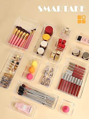 SMARTAKE 16-Piece Drawer Organizers, 4 Sizes Desk Dividers with Non-Slip Pads, Plastic Dresser Storage Tray Sets, Cosmetic Makeup Jewelries Trays, for Kitchen, Office, Home, Bathroom (Clear)