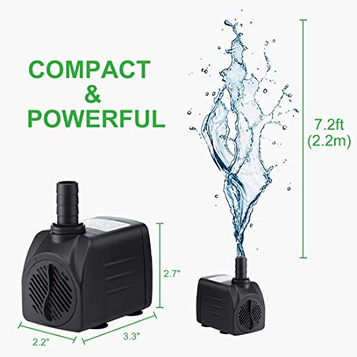 GROWNEER 550GPH Submersible Pump 30W Ultra Quiet Fountain Water Pump, 2000L/H, with 7.2ft High Lift, 3 Nozzles, 4.9 Feet Tubing for Aquarium, Fish Tank, Pond, Hydroponics, Statuary