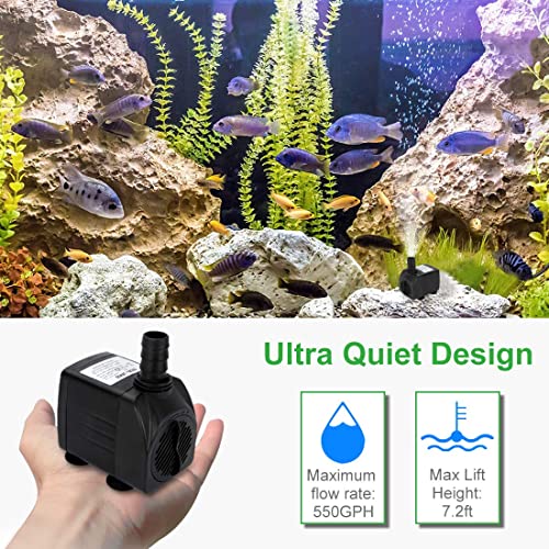 GROWNEER 550GPH Submersible Pump 30W Ultra Quiet Fountain Water Pump, 2000L/H, with 7.2ft High Lift, 3 Nozzles, 4.9 Feet Tubing for Aquarium, Fish Tank, Pond, Hydroponics, Statuary