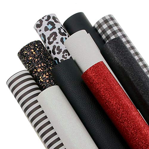 10 Pieces 8x12 Inch Black White Red Faux Leather Sheets Include Fine Glitter Leather Sheets,Chunky Glitter Leather Sheets,Litchi Leather Sheet,Printed Leather Sheets for Leather Bows Earrings Making