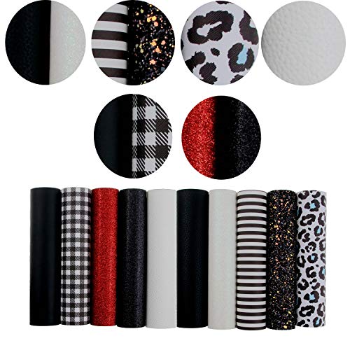 10 Pieces 8x12 Inch Black White Red Faux Leather Sheets Include Fine Glitter Leather Sheets,Chunky Glitter Leather Sheets,Litchi Leather Sheet,Printed Leather Sheets for Leather Bows Earrings Making