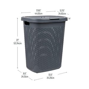 Mind Reader Basket Collection, Slim Laundry Hamper, 50 Liter (15kg/33lbs) Capacity, Cut Out Handles, Attached Hinged Lid, Ventilated, 17.65"L x 13.75"W x 21"H, Gray