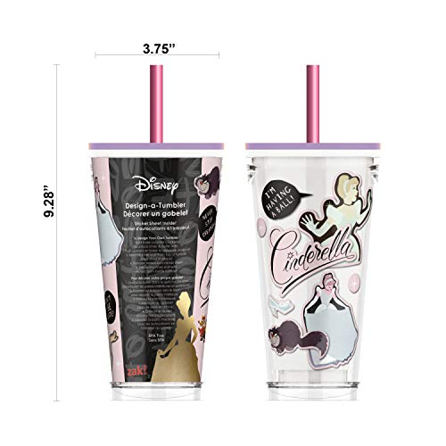 Zak Designs Design-A-Tumbler Disney Princess Cinderella Kids DIY Sticker Tumbler with Straw and Double-Wall Insulation, BPA free, 16 OZ