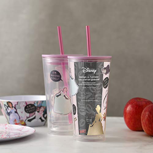 Zak Designs Design-A-Tumbler Disney Princess Cinderella Kids DIY Sticker Tumbler with Straw and Double-Wall Insulation, BPA free, 16 OZ