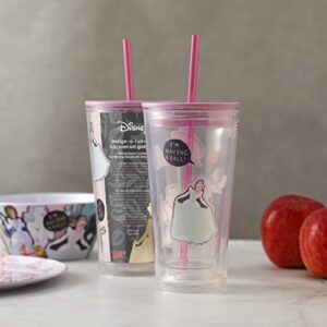 Zak Designs Design-A-Tumbler Disney Princess Cinderella Kids DIY Sticker Tumbler with Straw and Double-Wall Insulation, BPA free, 16 OZ