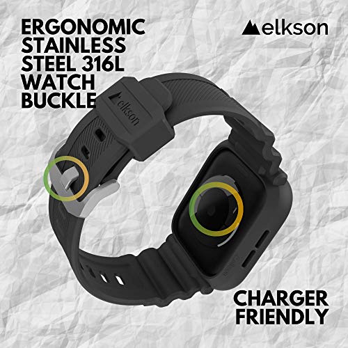 elkson Designed for Apple Watch Series 9/8/7/6/SE/5/4 [45/44mm], Quattro Pro Series Rugged Military Grade Protective Bumper Case with Strap Bands for iWatch, Stealth Black